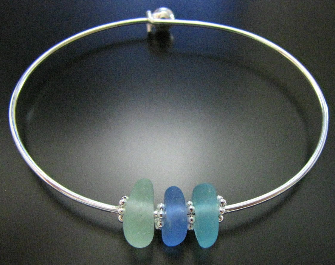 Aqua Blue, Ocean Colors of the Sea, Genuine Sea Glass, Bangle Bracelet ...