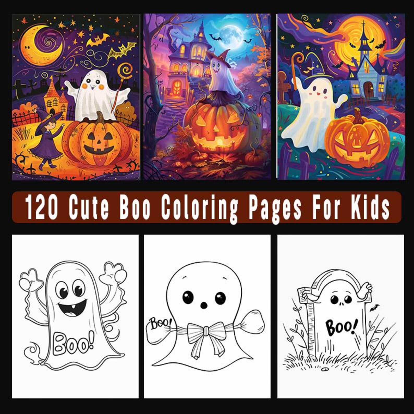 Cute Boo Ghost and Pumpkin Coloring Pages, Ghost Coloring Book, Ghost ...