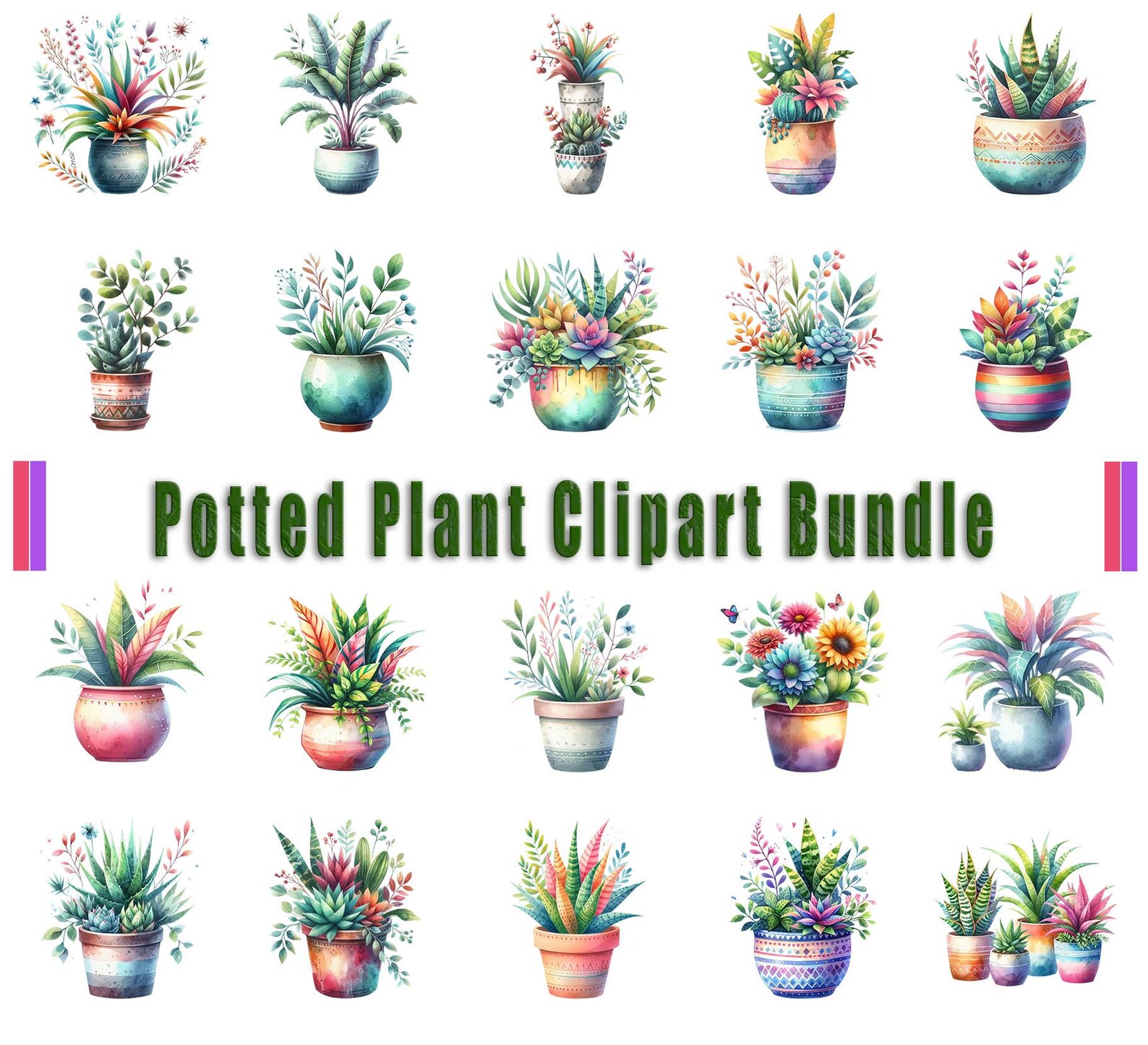 Watercolor Potted Plants Clipart: Greenery PNG Bundle (digital Download ...