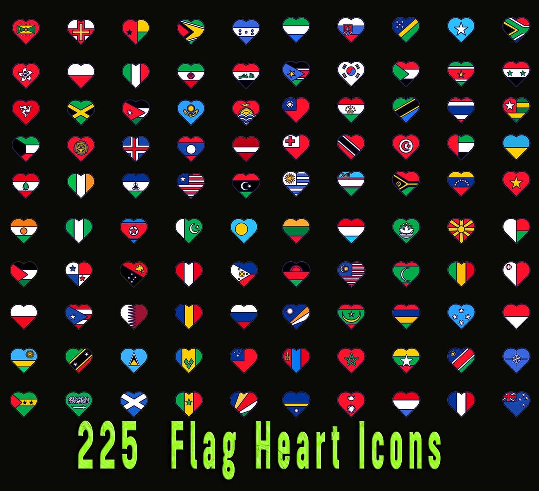National Heart Flags: 225 Country Icons PNG Bundle (digital Download ...