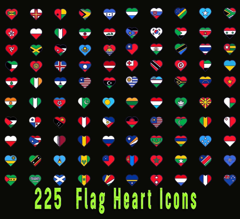 WORLD Countries National Heart Flags 225 Icons Set PNG Bundle Set ...