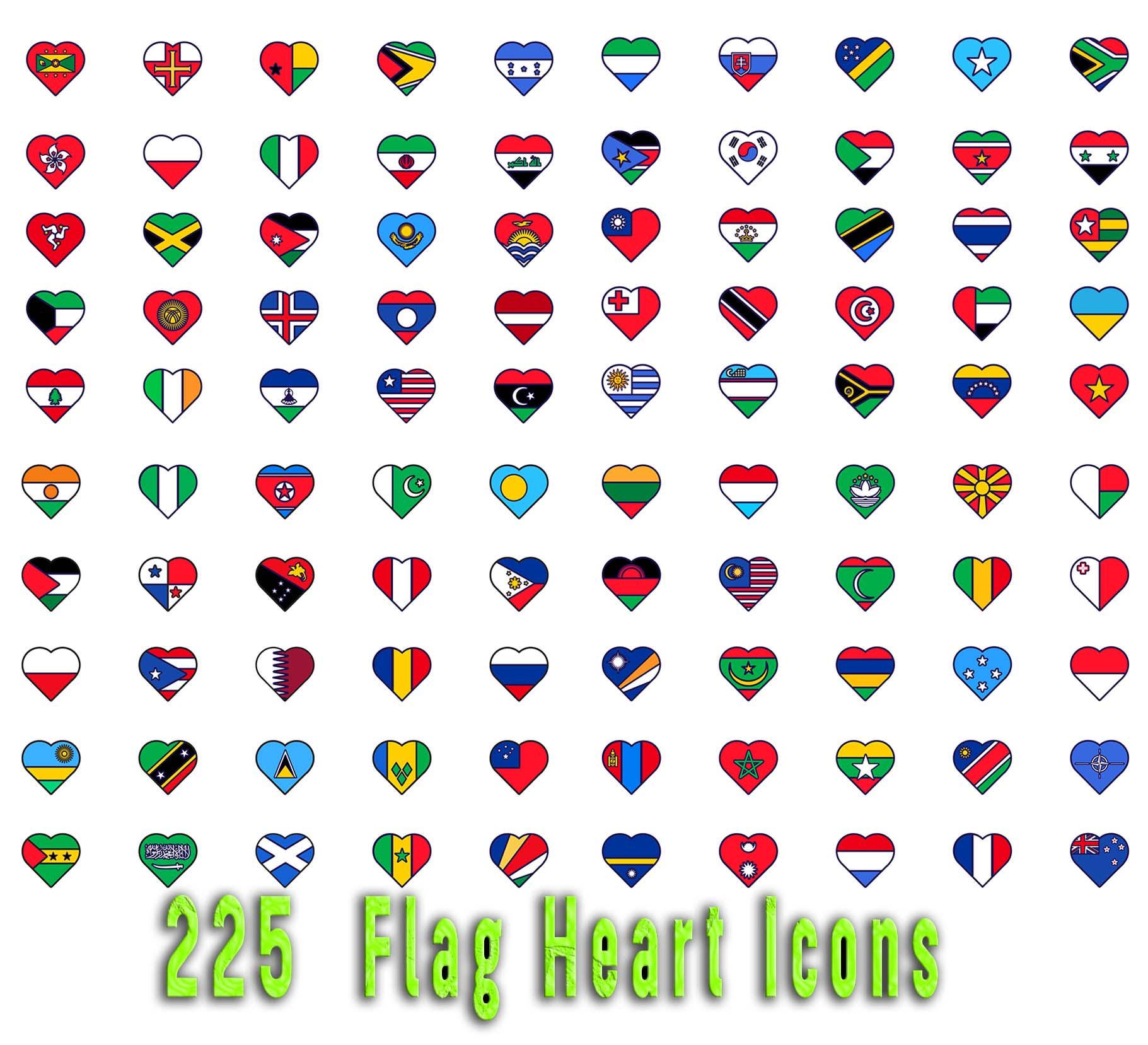 WORLD Countries National Heart Flags 225 Icons Set PNG Bundle Set ...