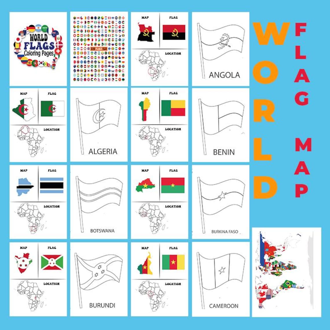 World Countries Map Flags Coloring Page, Map Country Pdf, United States ...