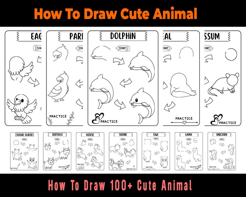 Guía de dibujo de 100 animales para niños principiantes (PDF) - Etsy España