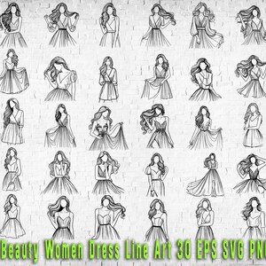 Line Art Women Dress SVG Bundle: Bridal & Party Clipart (digital ...