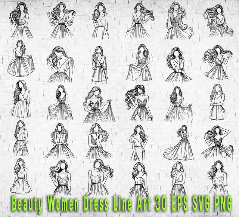 Line Art Women Dress SVG Bundle: Bridal & Party Clipart (digital ...