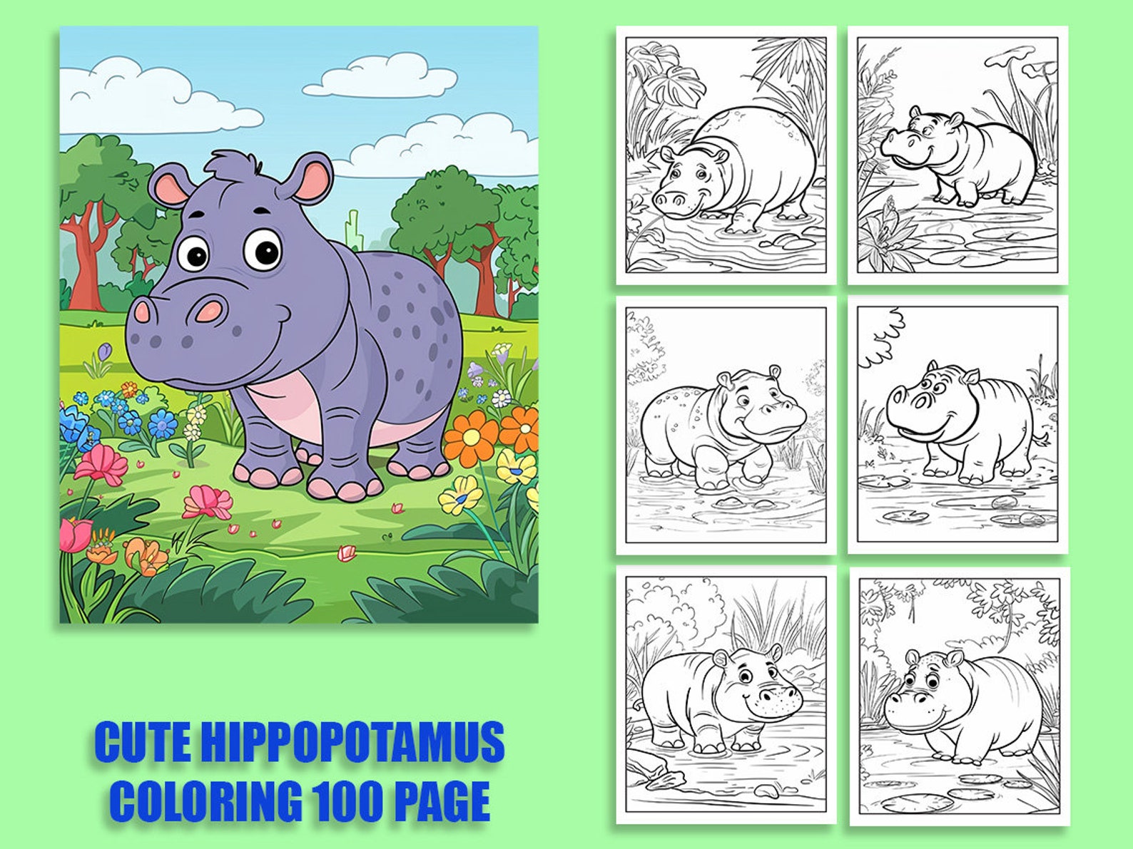 Hippo Coloring Book, Animal Printable Kids Coloring Pages, Hippopotamus ...