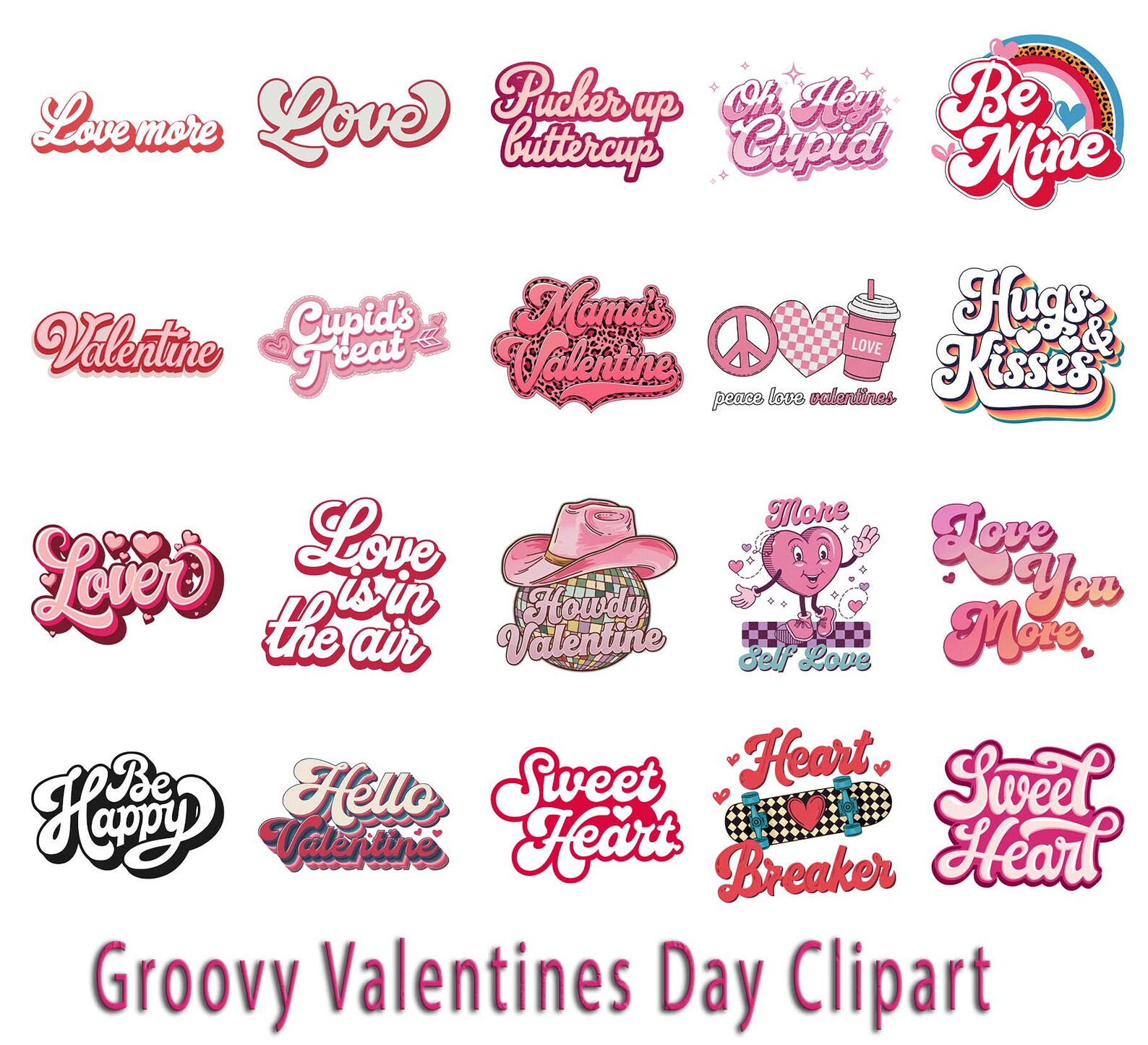 Groovy Valentine's Day Stickers: Retro Clipart SVG PNG Bundle (digital ...