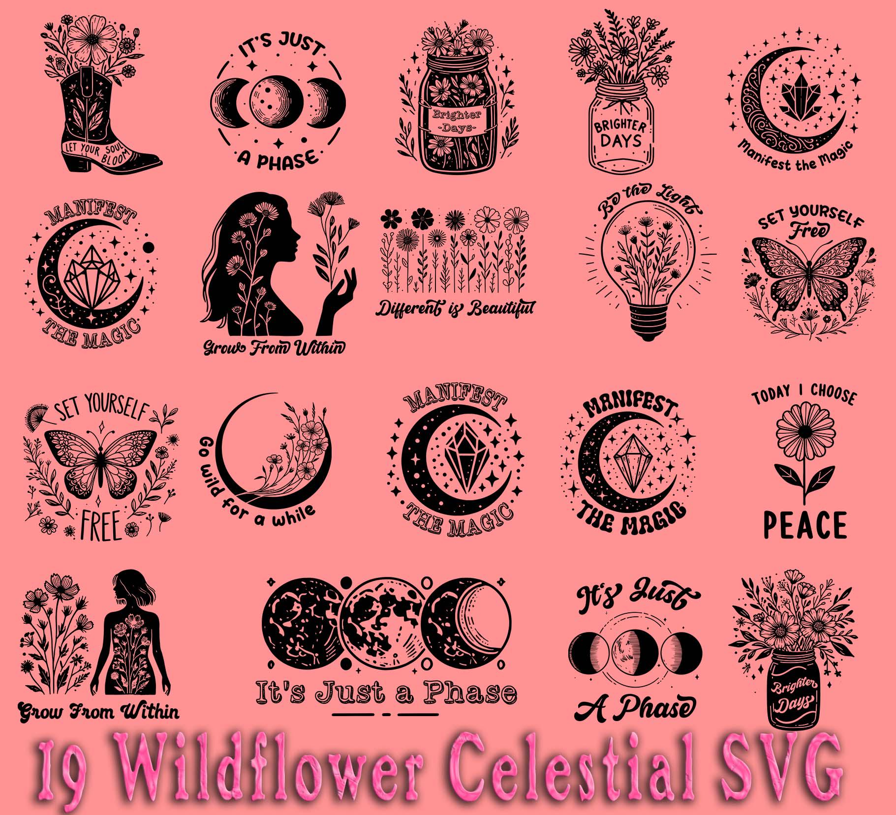 Retro Wildflowers Celestial SVG Bundle: Floral Cut Files (digital ...
