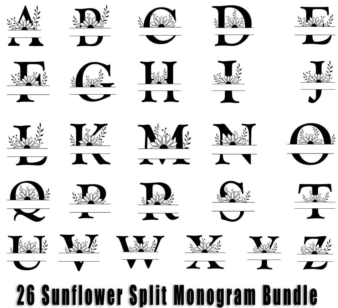 Sunflower Split Monogram Alphabet: Floral SVG PNG Bundle (digital ...