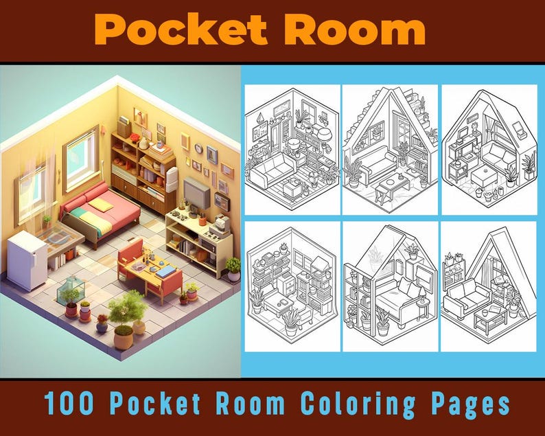 100 Pocket Room Cute Coloring Book for Relaxing, Interior Isometric ...