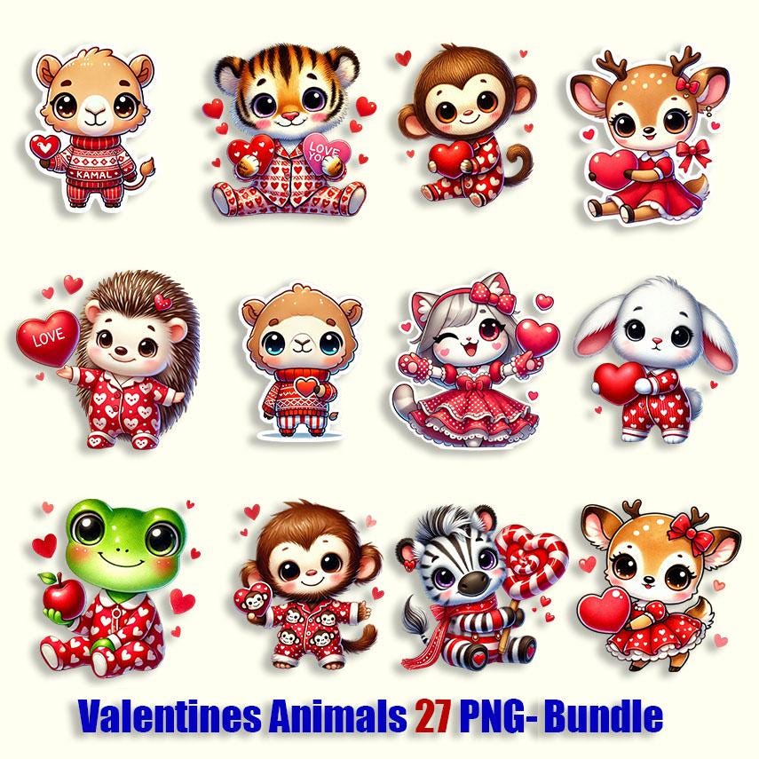 Valentine Animal SVG, Cute Animals Sticker Bundle, Cute Animal Clipart ...