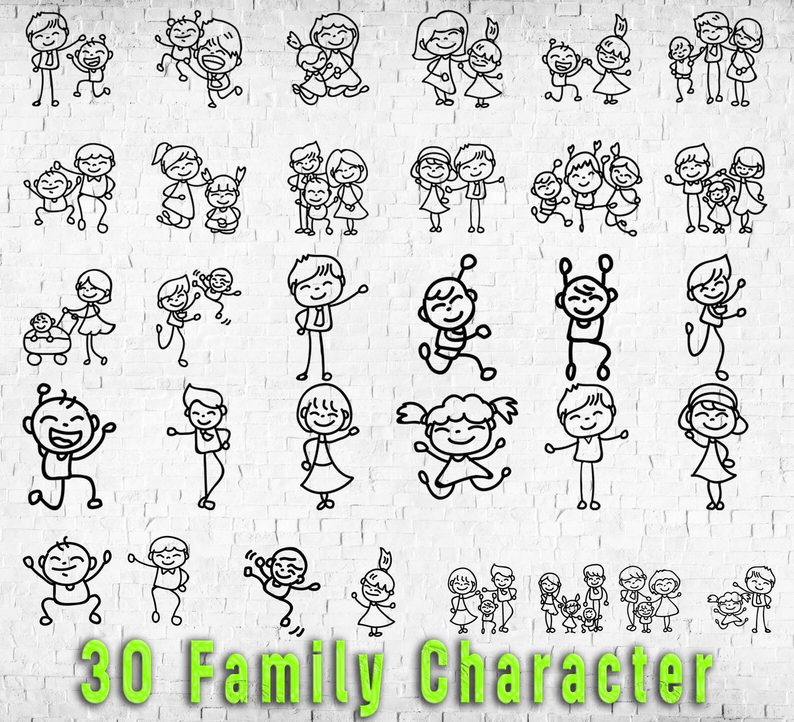 Hand Drawn Stick People Family SVG Bundle: Happy Kids Clip Art (digital ...