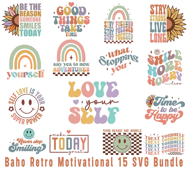 Boho Retro Motivational Quotes Png Svg Bundle, Inspirational Quotes ...