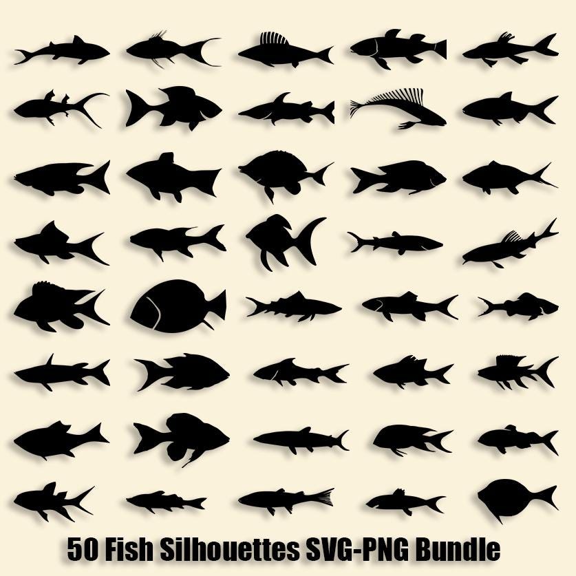 Fish Silhouette SVG Bundle: 50 Tropical Fish Vectors (digital Download ...
