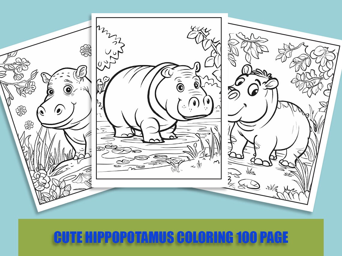 Hippo Coloring Book, Animal Printable Kids Coloring Pages, Hippopotamus ...