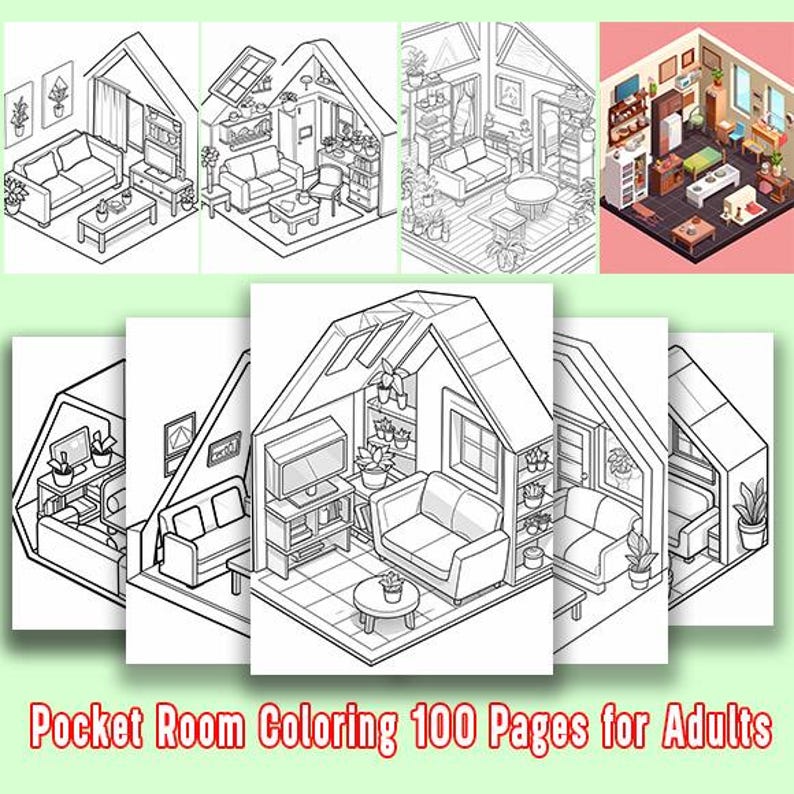 100 Pocket Room: Cute Coloring Book for Relaxing, Interior Isometric ...