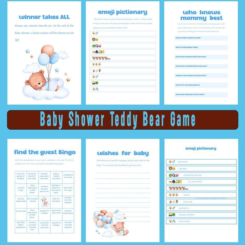 Blue Printable Teddy Bear Baby Shower Game Bear Baby Shower Games,boy Baby Shower Game Bundle ...