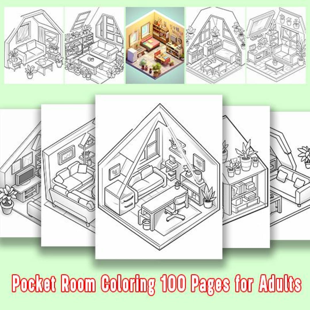 100 Pocket Room Cute Coloring Book for Relaxing, Interior Isometric ...