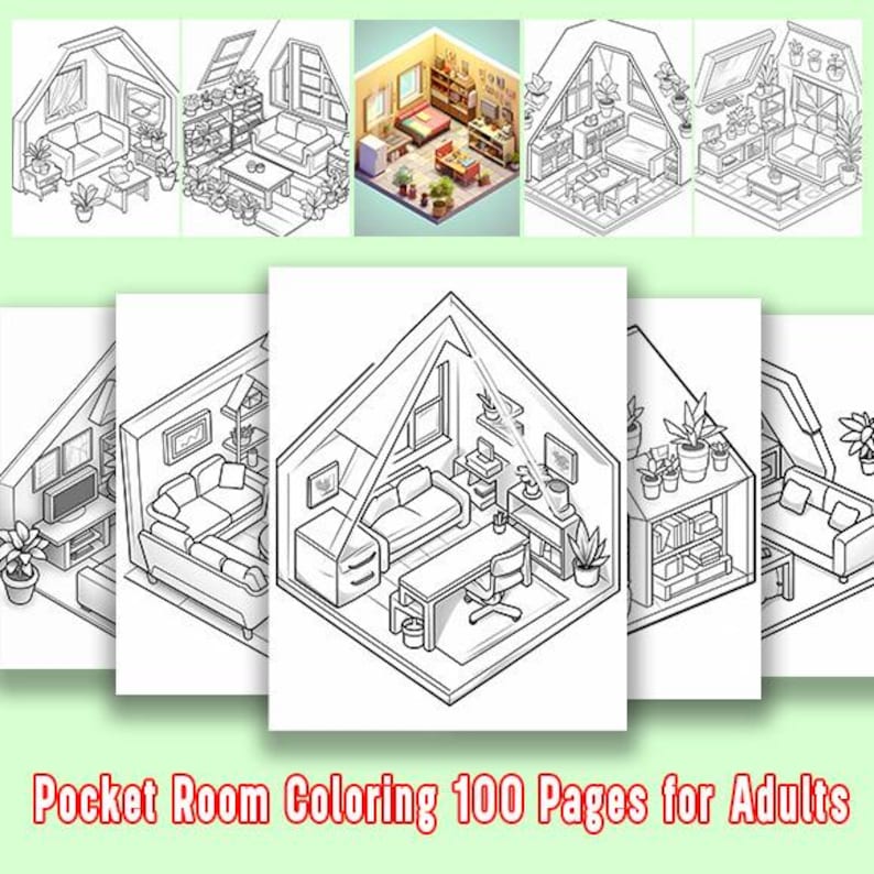 100 Pocket Room Cute Coloring Book for Relaxing, Interior Isometric ...