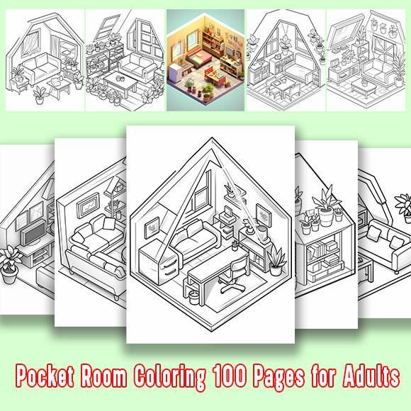 100 Pocket Room Cute Coloring Book for Relaxing, Interior Isometric ...