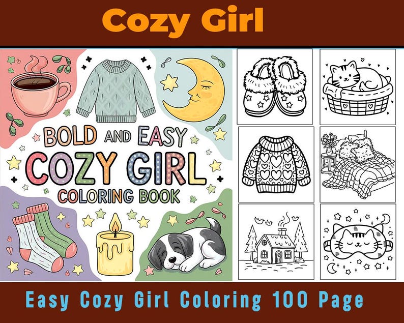 Cozy Girl Coloring Book, Easy Bold Designs (PDF Download) - Etsy