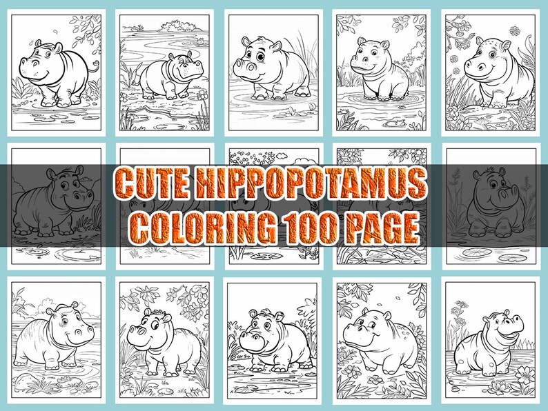Hippo Coloring Book, Animal Printable Kids Coloring Pages, Hippopotamus ...