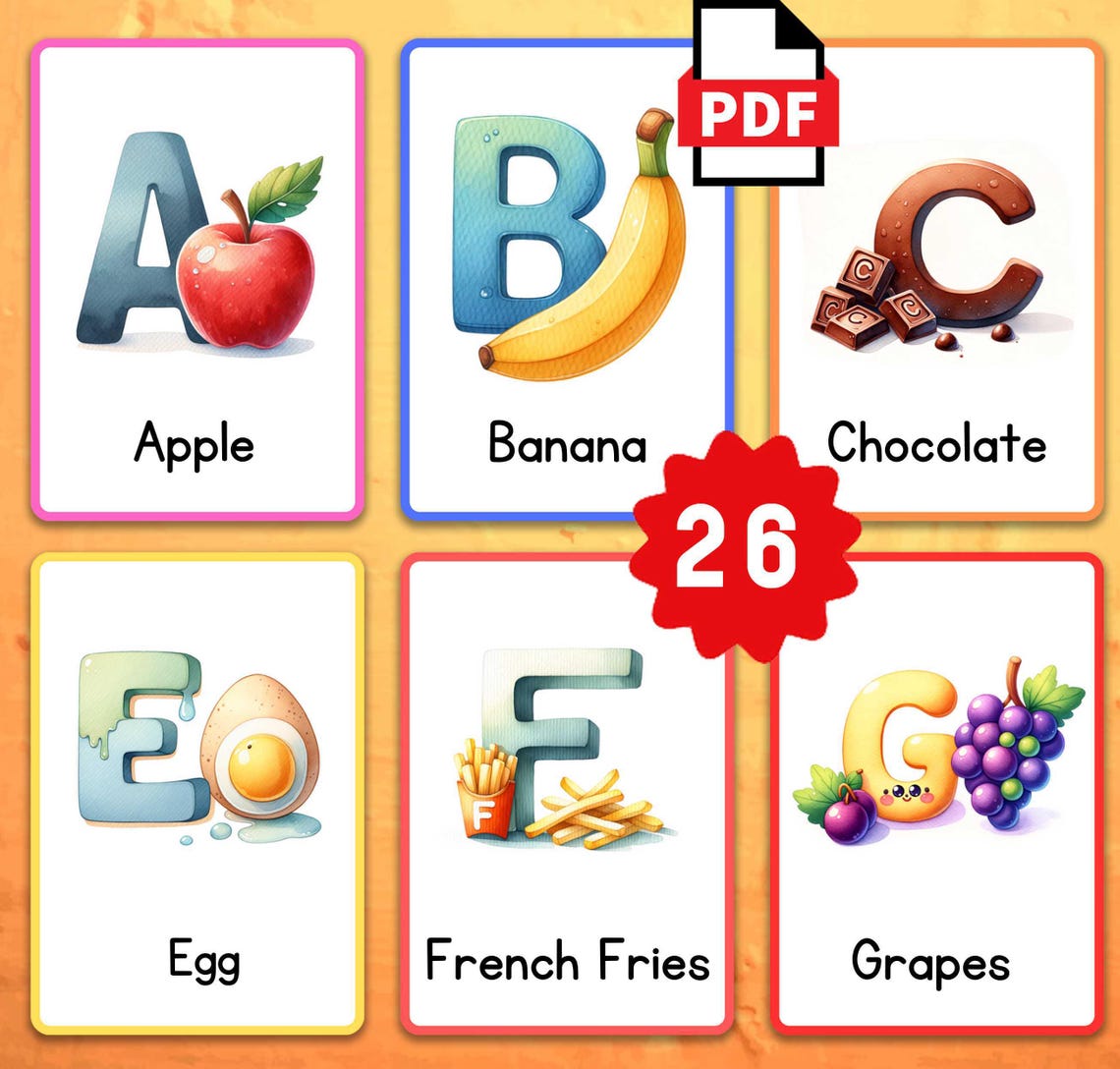 Alphabet With Food Montessori Cards Flash Cards Nomenclature Flashcards ...