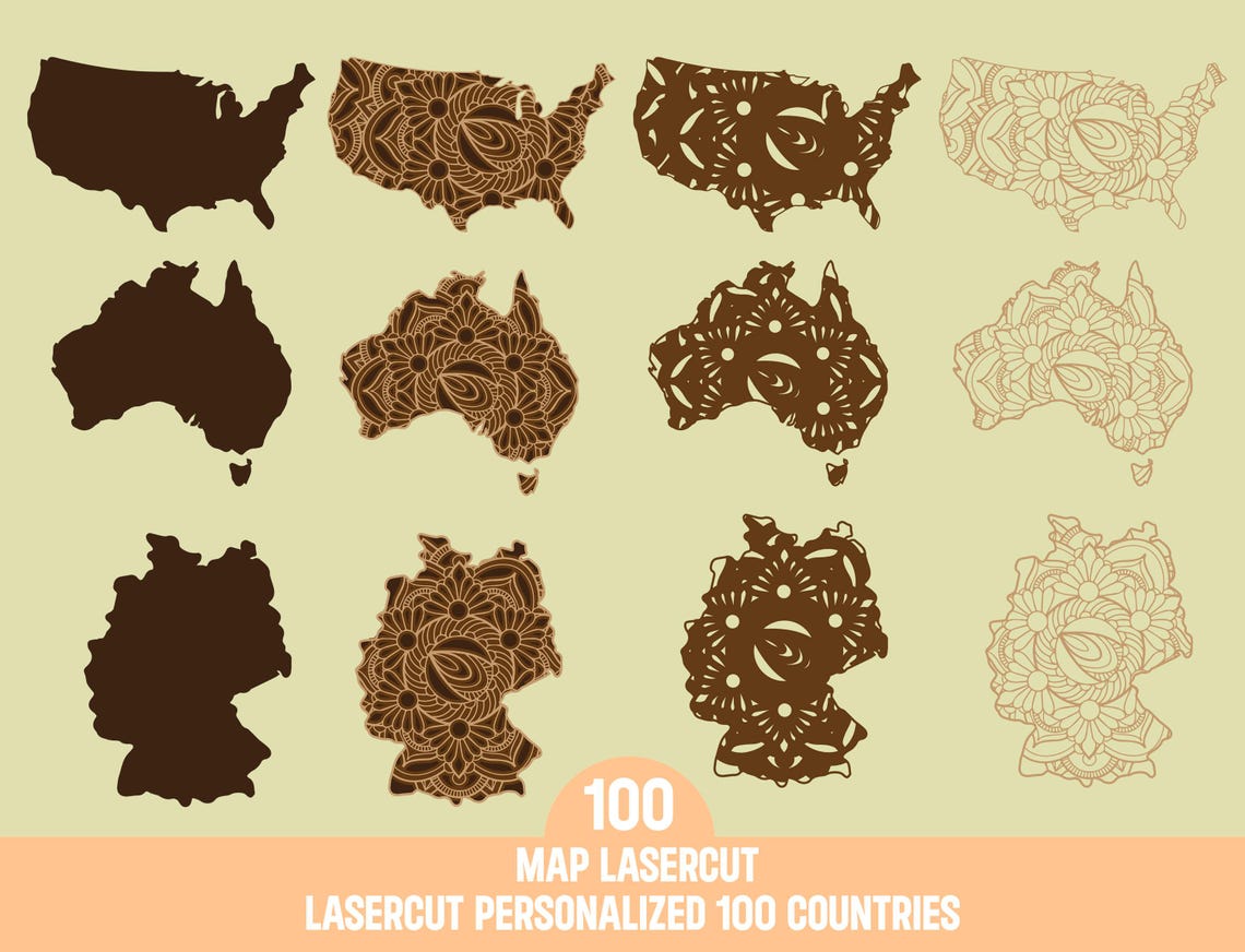 60 Countries Map Laser Cut Svg AI File, Glowforge Vector for Laser ...