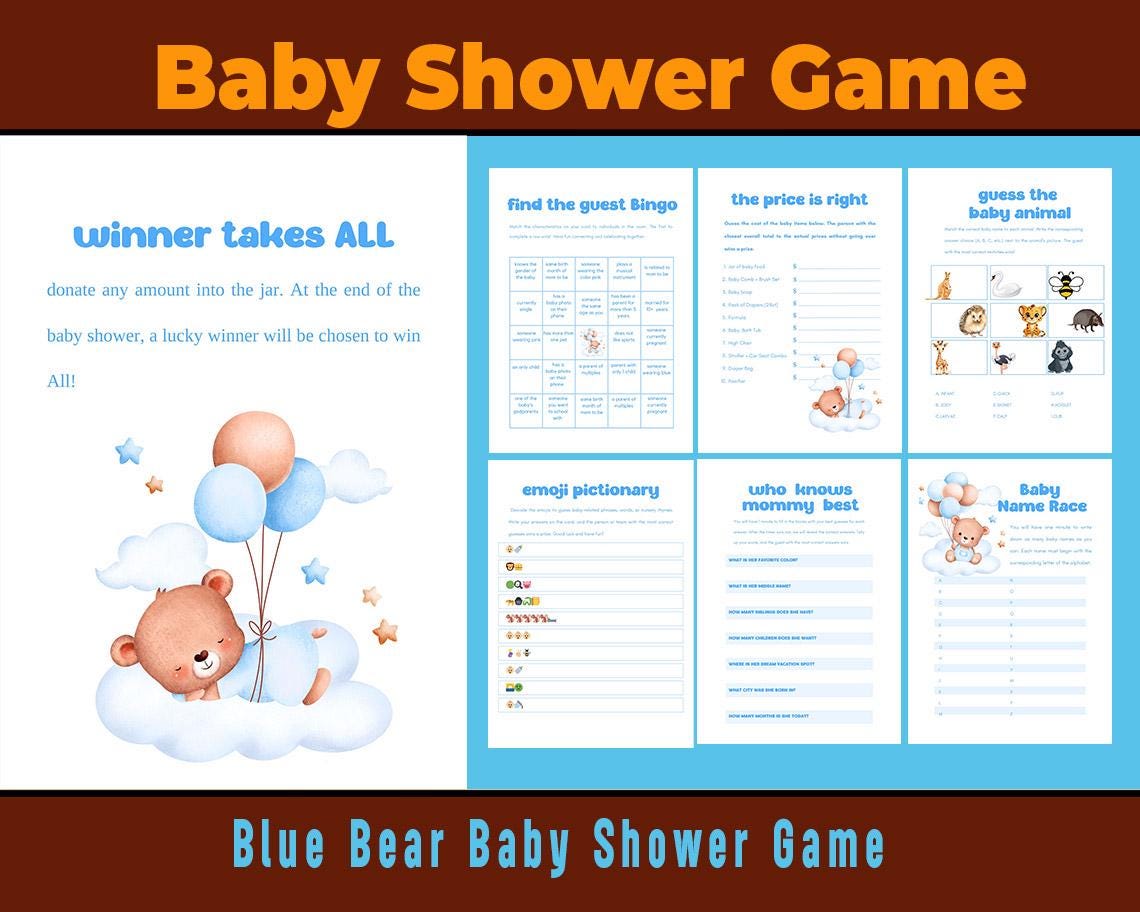 Blue Printable Teddy Bear Baby Shower Game Bear Baby Shower Games,boy Baby Shower Game Bundle ...
