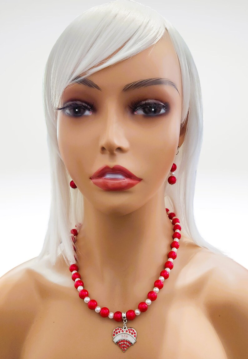 Delta Sigma Theta Colors Red White Pearl Necklace and Earrings Set - Etsy