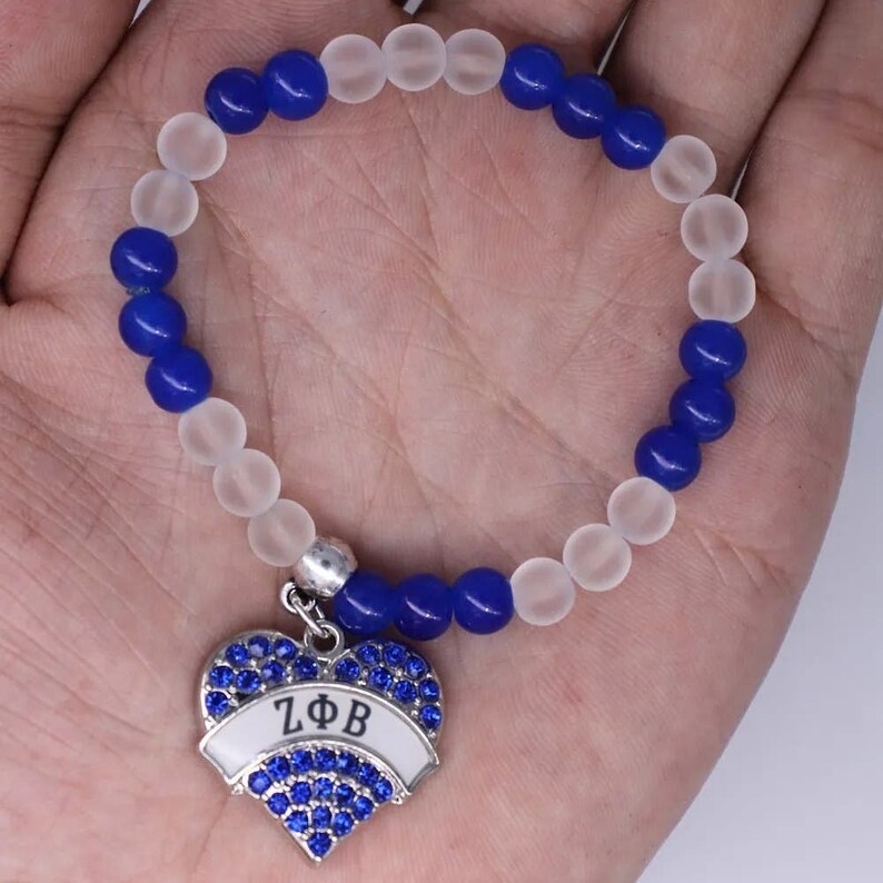 Zeta Phi Beta Bracelet Clear Clue & White Beaded With Zeta Heart Charm ...