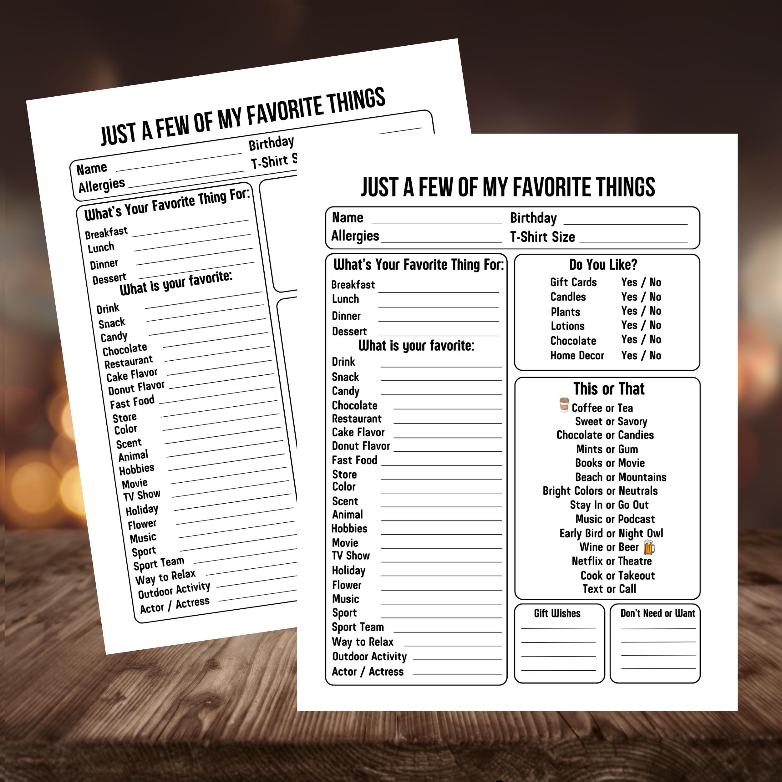 My Favorite Things List | Favorite Things Questionnaire | Employee ...