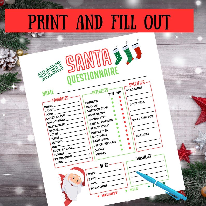 Secret Santa Gift Questionnaire | Secret Santa Survey|gift Exchange ...