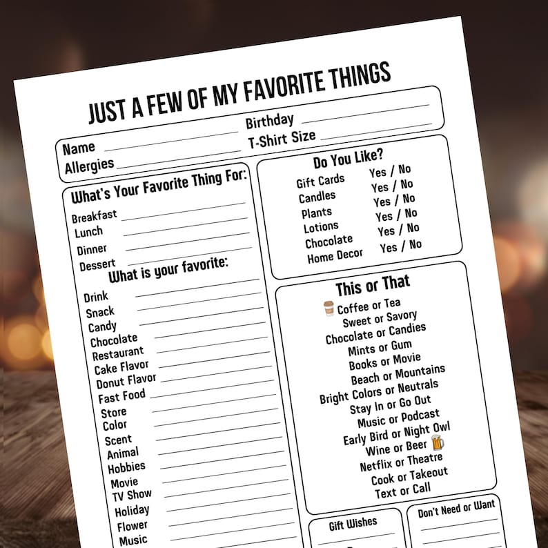 My Favorite Things List | Favorite Things Questionnaire | Employee ...
