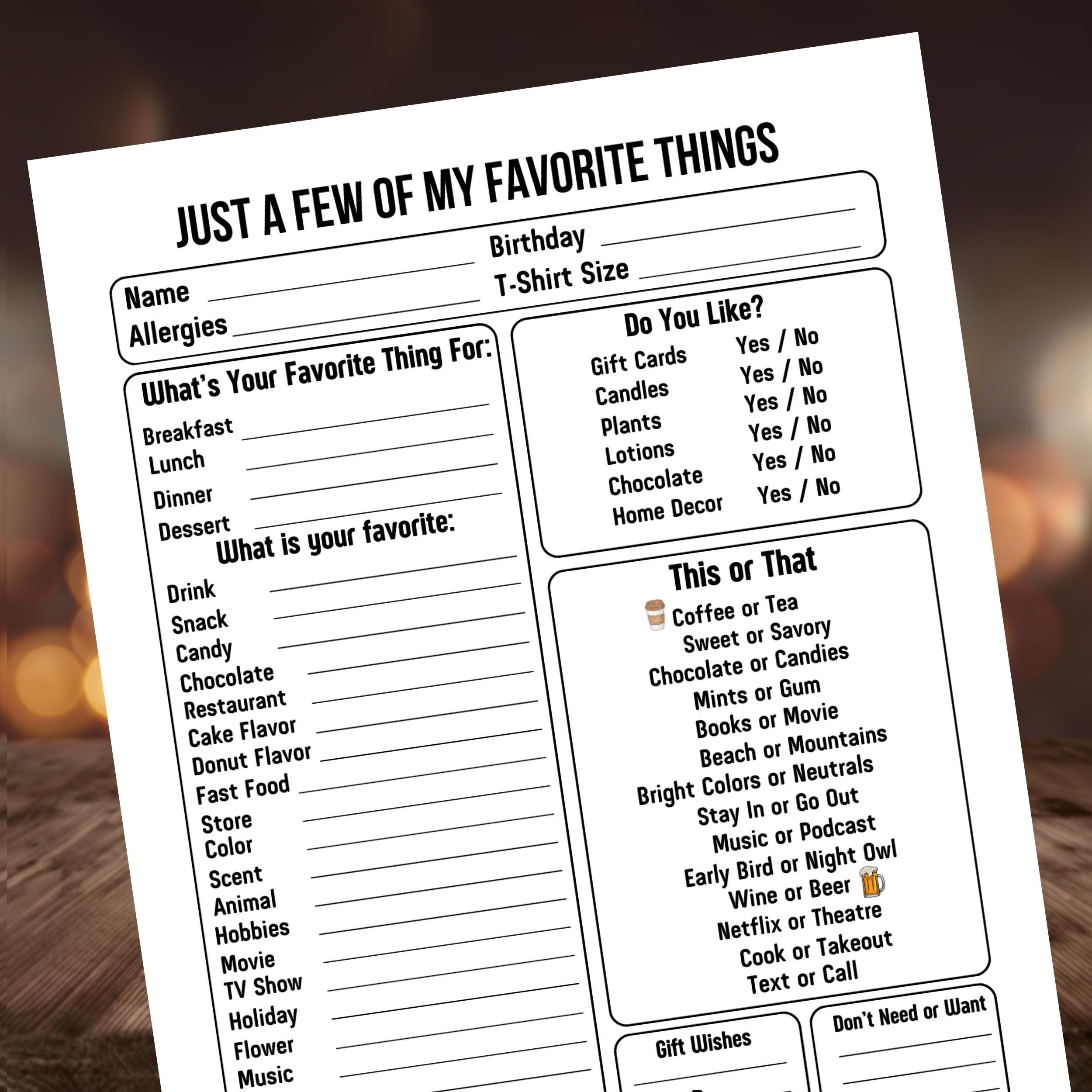 My Favorite Things List | Favorite Things Questionnaire | Employee ...