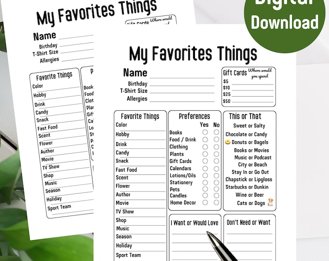 Printable Favorite Things Form - Etsy Canada