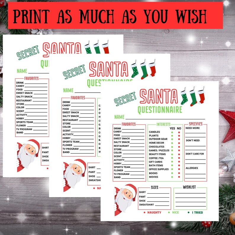 Secret Santa Gift Questionnaire | Secret Santa Survey|gift Exchange ...