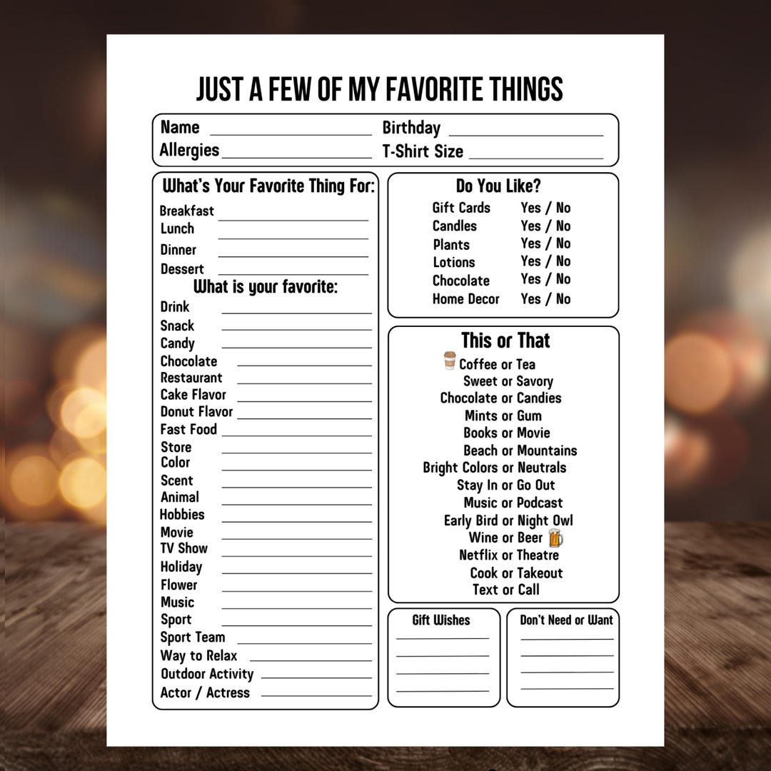 My Favorite Things List | Favorite Things Questionnaire | Employee ...