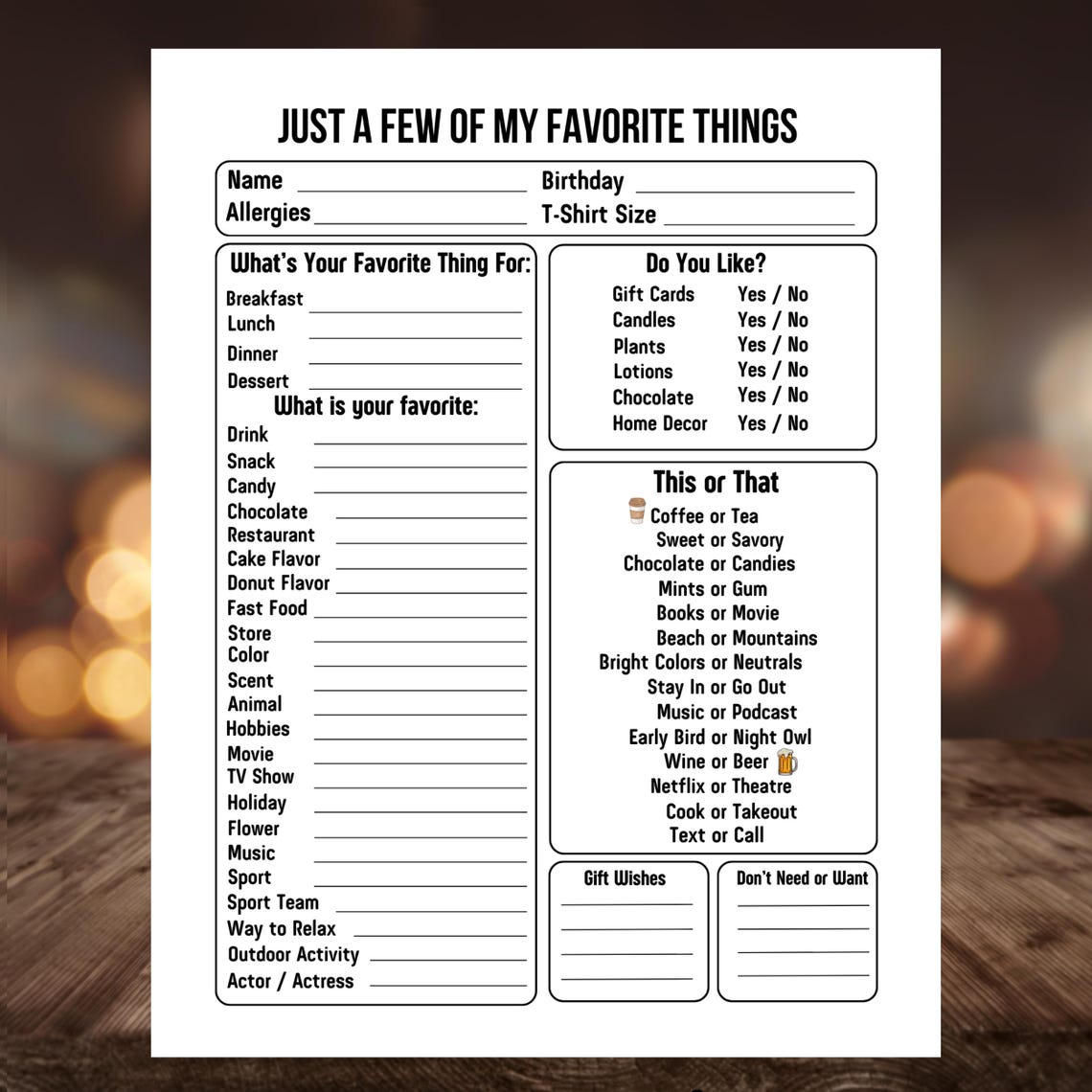 My Favorite Things List | Favorite Things Questionnaire | Employee ...