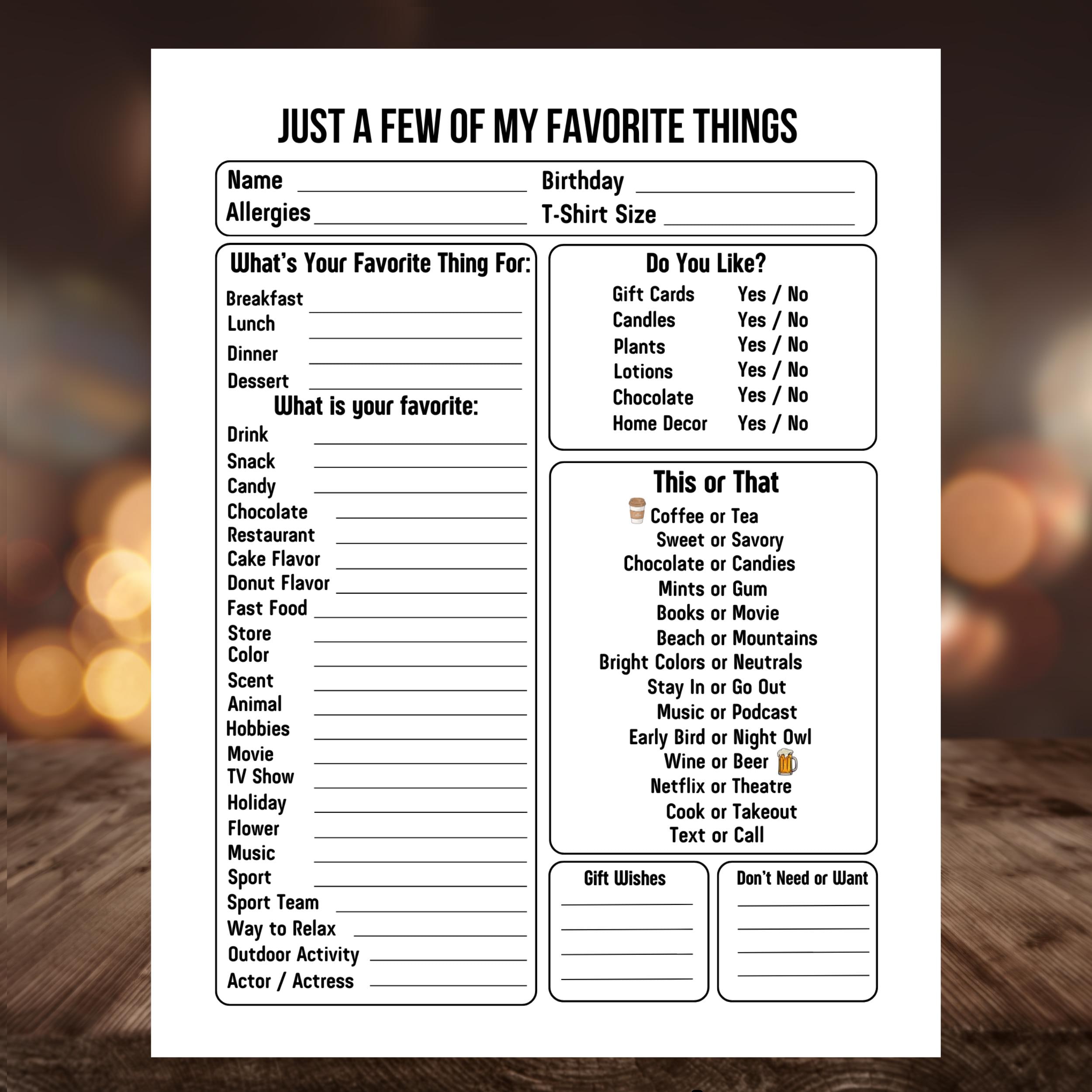 My Favorite Things List | Favorite Things Questionnaire | Employee ...