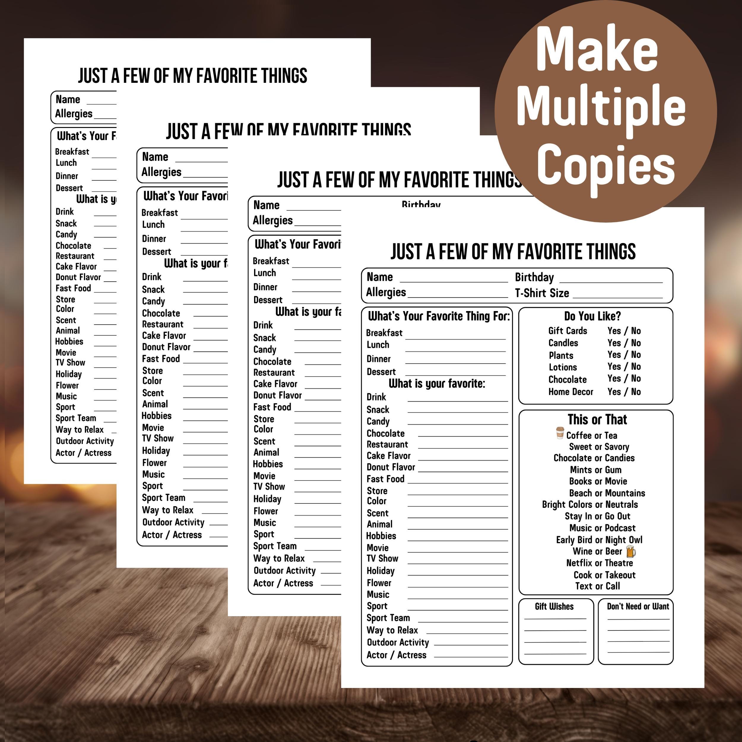 My Favorite Things List | Favorite Things Questionnaire | Employee ...