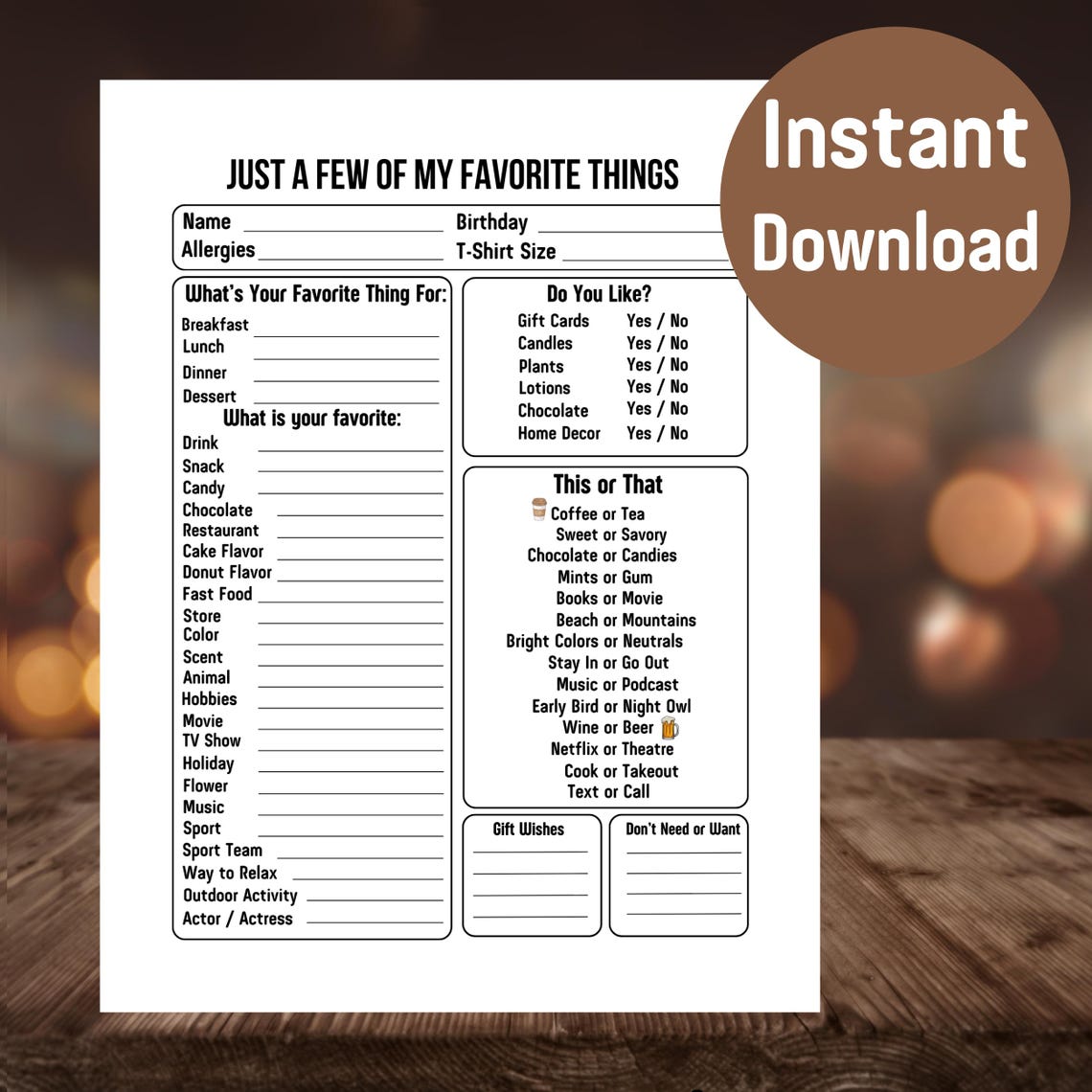 My Favorite Things List | Favorite Things Questionnaire | Employee ...