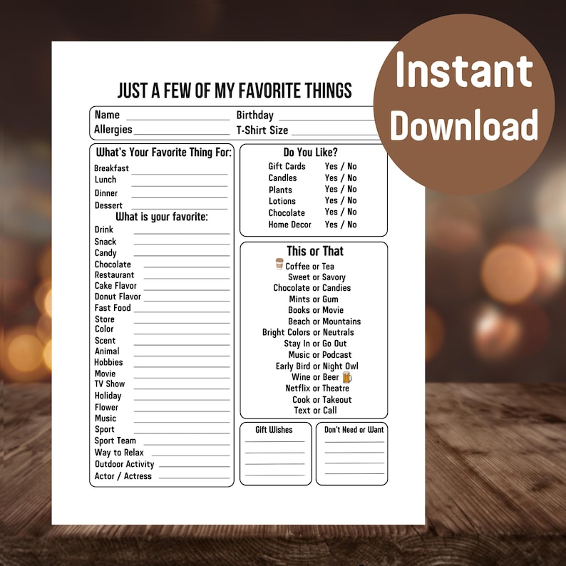 My Favorite Things List | Favorite Things Questionnaire | Employee ...