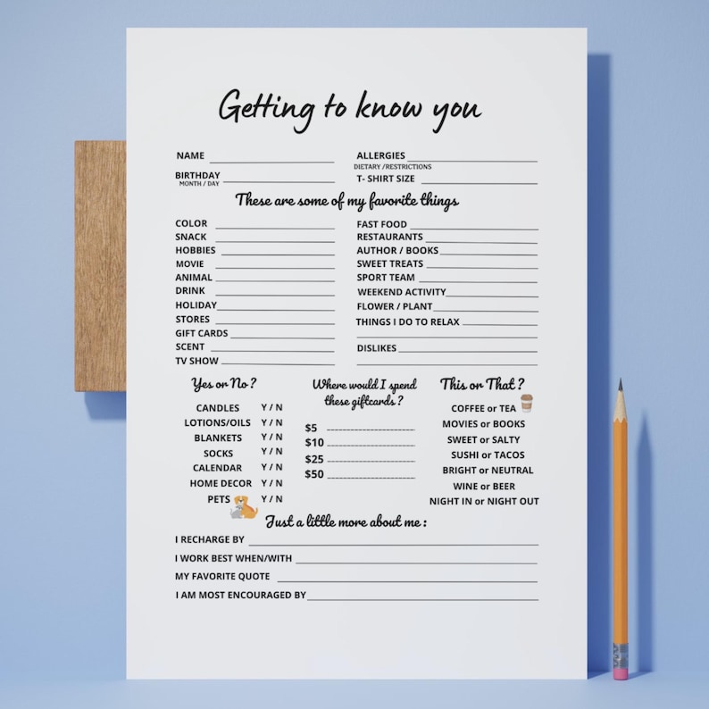 Team Building Get to Know Me Questionnaire Printable | Employee ...