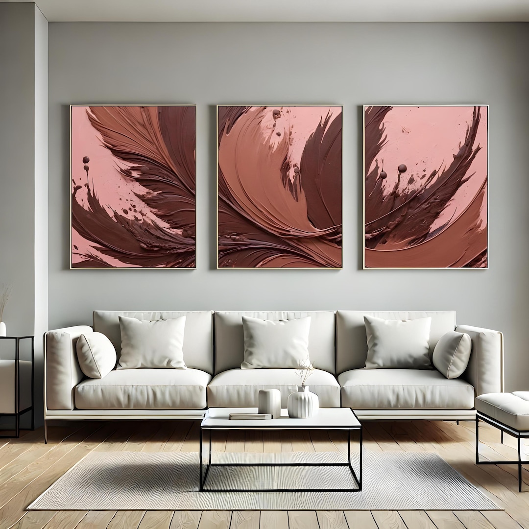 Abstract Expressionist Triptych Wall Art | Rose Brown Feathered ...