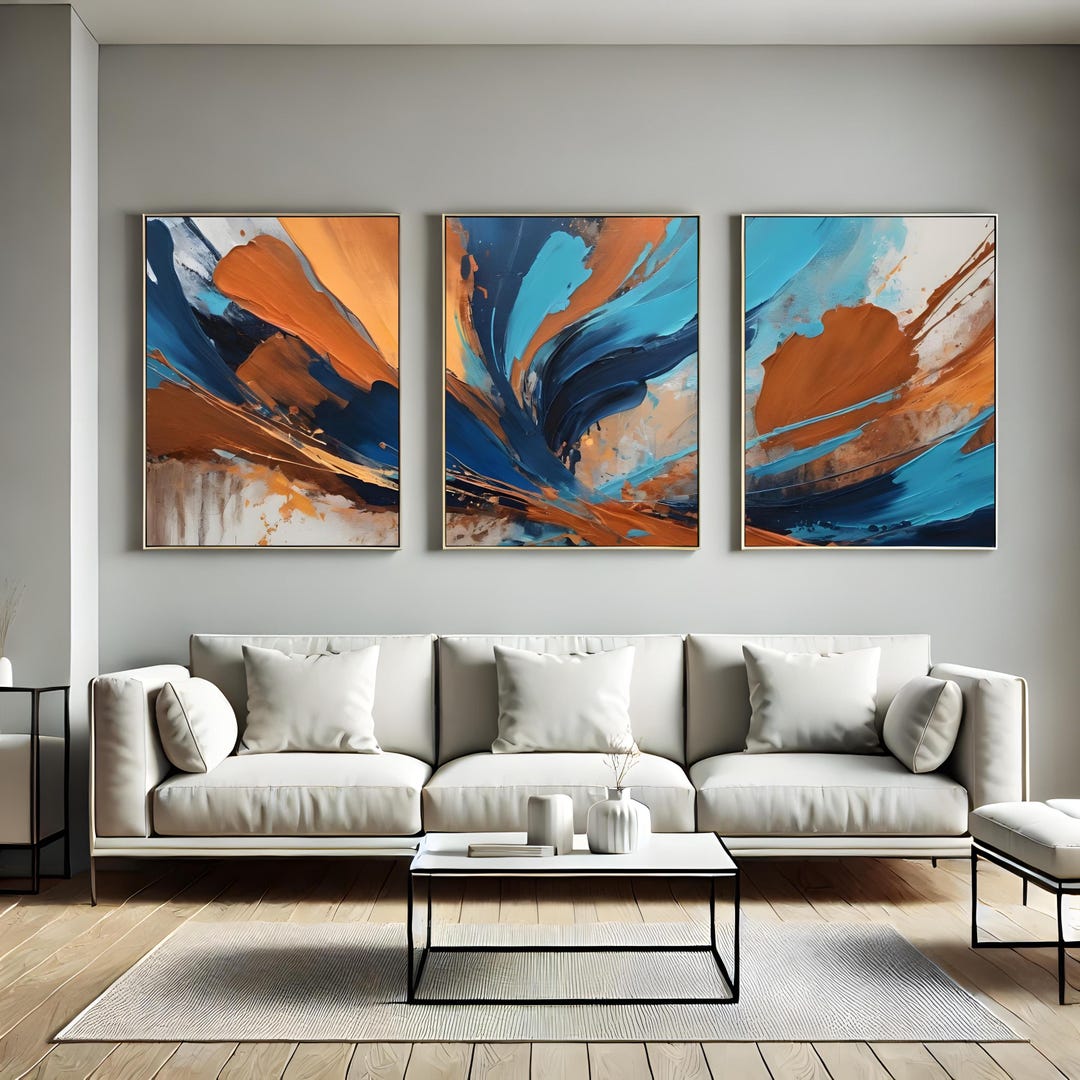 Abstract Triptych Wall Art Set Blue Orange Modern Canvas Print 3 Piece ...