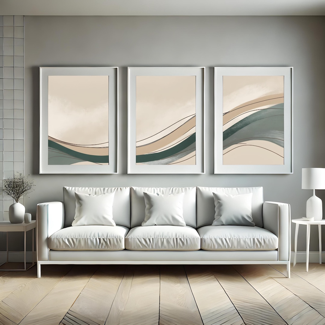 Minimalist Abstract Triptych Wall Art, Greige Green Beige Flowing Lines ...