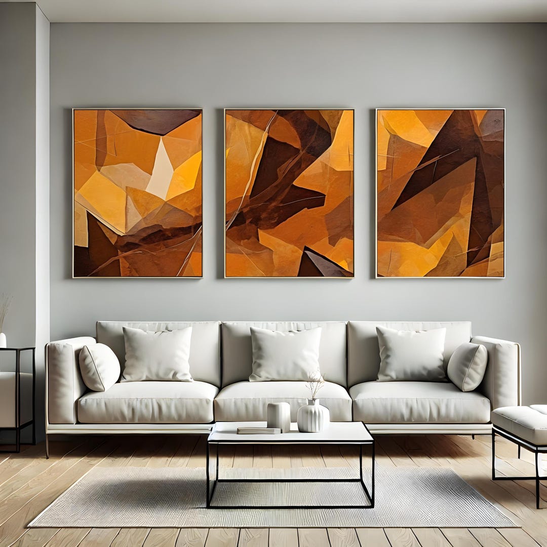 Abstract Triptych Wall Art, Amber Brown Geometric Print, Modern Living ...