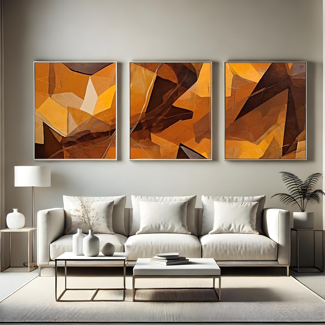Abstract Triptych Wall Art Set, Warm Amber Geometric Print, Modern ...